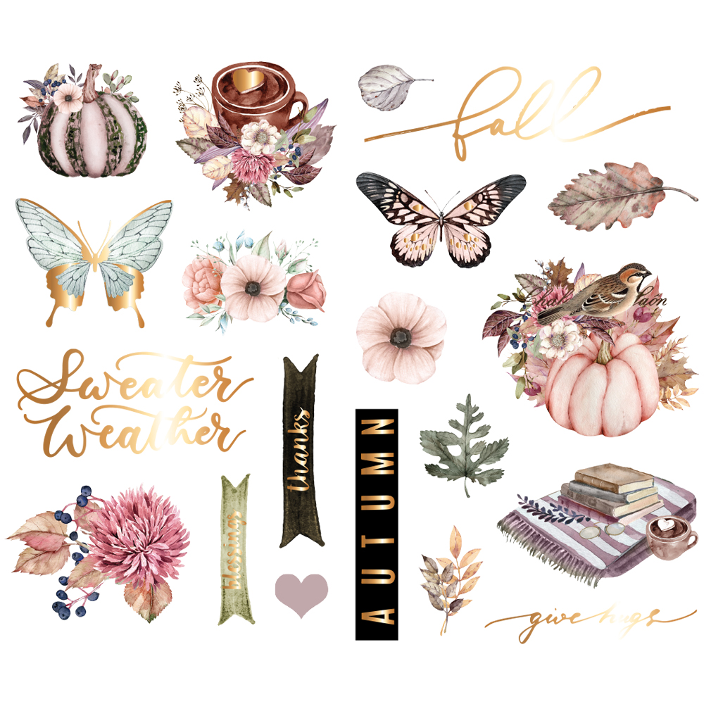 Prima - Hello Pink Autumn Collection - Chipboard Stickers With Foil Accents