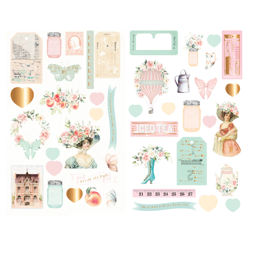 Prima - Peach Tea Collection - Chipboard Stickers With Foil Accents