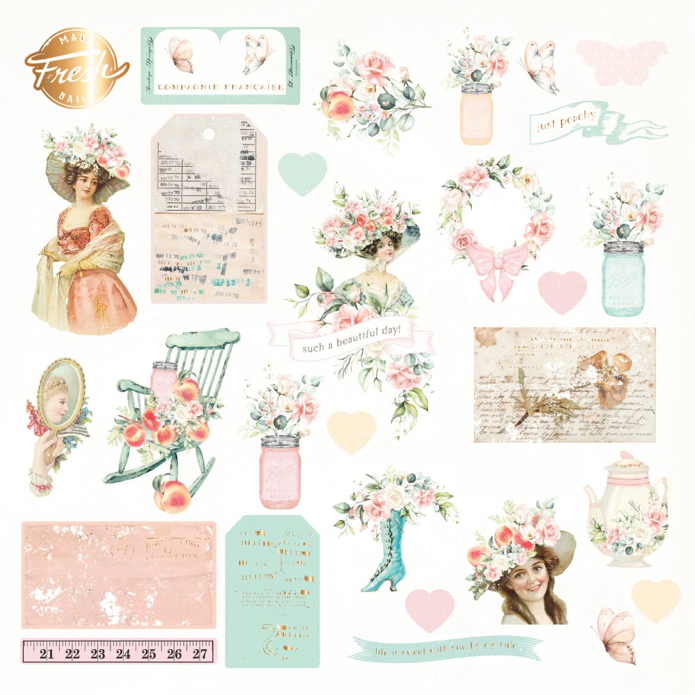 Prima - Peach Tea Collection - Ephemera With Foil Accents - Set 2